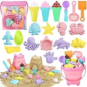 REZUCREY Beach Toys, Ice Cream Sand Toys for Toddlers, with Collapsible Bucket and Shovels for Kids with Bag, Travel Toys for Boys Baby Girls Age 3 4 5 6 7 8+