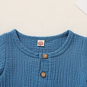 Happy Town Infant Baby Girl Boy Jumpsuit Cotton Linen Romper Short Sleeve One-Piece Bodysuit Infant Summer Clothes Outfits (Blue, 6-12 Months)