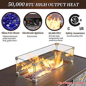 PIZZELLO 43" Propane Fire Pit Table Outdoor Rectangular Stone Firepit Table 50000 Btu Propane Fire Tables for Outside Patio with Glass Wind Guard, Lid, Fire Glass Beads, Pizzello Caldo (Gray Stone)