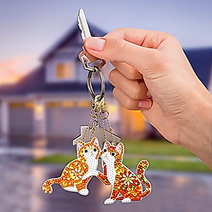 5pcs 5D DIY Diamond Painting Keychains Kit, Double Sided Full Drill Rhinestone Pasted Painting Key Chains Pendant for Kids Adults Beginners Backpack Handbag Ornaments Decoration (Cat)