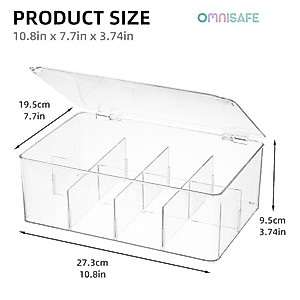 OMNISAFE Divided Clear Plastic Organizer Bin with Hinge Lid, 8 Sections Tea Bag Storage Box for Kitchen, Snacks, Spice Packets,Pouches, Stackable Storage Bin