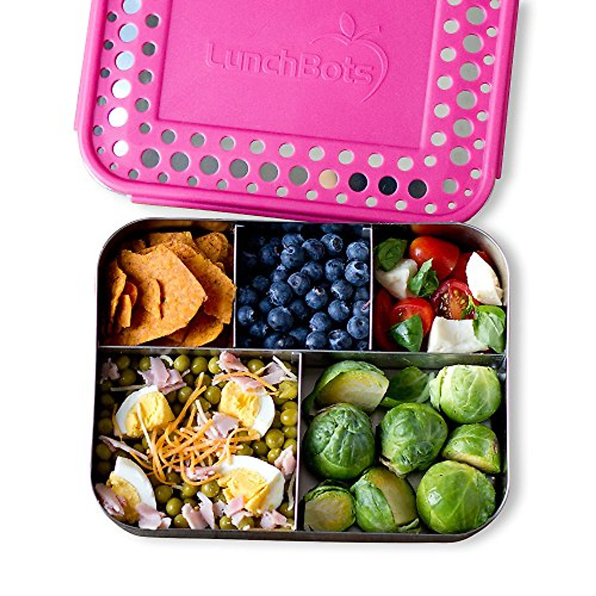 LunchBots Large Cinco Stainless Steel Lunch Container - Five Section Design Holds a Variety of Foods - Metal Bento Box - Dishwasher Safe - Stainless Lid -Pinka Dots