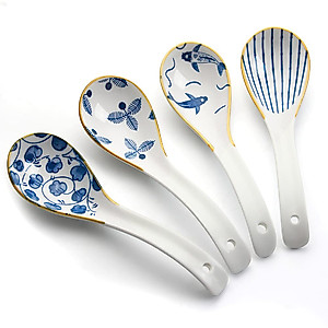 IQCWOOD Asian Soup Spoons, 6.2inch Ceramic Chinese Soup Spoons, Japanese Soup Spoon for Ramen Pho Wonton Dumpling Miso,4pcs