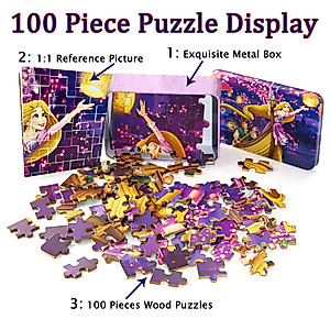 LELEMON Princess Puzzles in a Metal Box 100 Piece Long Hairs Princess Jigsaw Puzzle for Kids Ages 4-8 Children Learning Educational Puzzles Toys