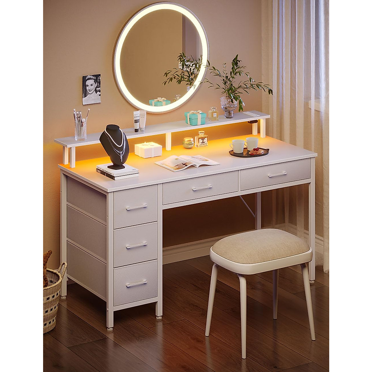 Seventable Computer Desk with Power Outlets & LED Light, 39 inch Home Office Desk with 5 Drawers, Writing Desk with Monitor Stand, Work Desk for Home Office, White