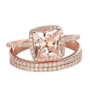 Trio Wedding Ring Set 2 Carat Morganite Diamond Engagement Ring & 2 Matching Wedding bands Rose Gold