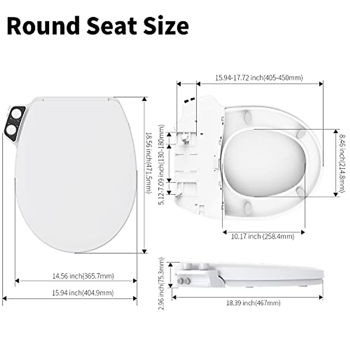 Toilet Seat Bidet Attachment, PHflo Manual Bidet Toilet Seat, Non-electric Bidet Seat Fits Round Toilets,Ambient Water Temperature,Dual Nozzle with Quick-Release Removable for Cleaning