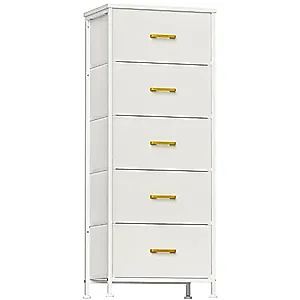 YILQQPER Dresser for Bedroom with 5 Drawers, Tall Storage Tower for Closet, Living Room, Nursery, White Dresser with Sturdy Steel Frame, Fabric Bins, Leather Finish, Wood Top (Glacier White)