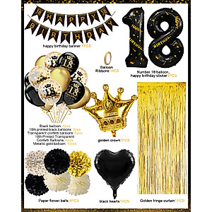 18th Birthday Decorations Black Gold, 18th birthday party decorations Boy Gril with 18th Birthday Balloons, Happy 18th Birthday Decorations, Foil Curtain for 18 Year Old Birthday Decorations Her Him
