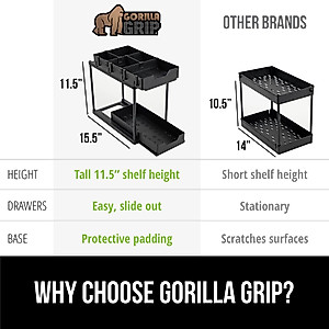 Gorilla Grip 2 Tier Under Sink Organizer, Pull Out Cabinet Organizers with Hooks, Slide Drawers Hold Up to 15lbs Each, Easy Assembly Storage for Kitchen Bathroom Coffee Bar, Shelf Organization, Black