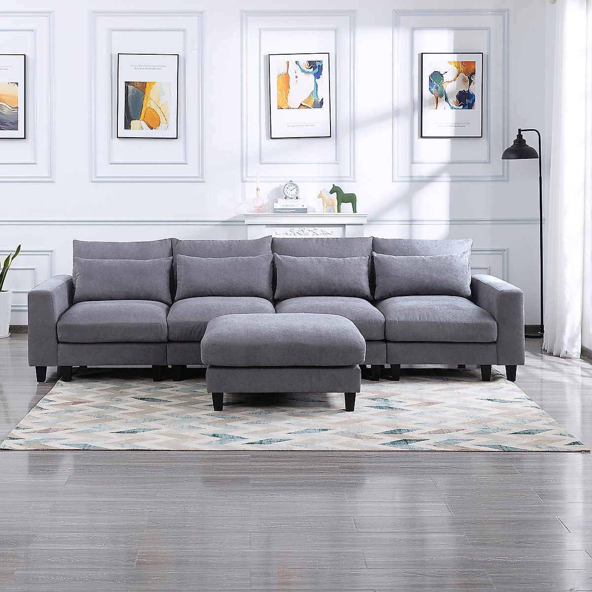 Lepfun Oversized Fabric Set, Extra Large L Shaped Reversible Chaise Sectional Couch, 124.4” Width, 4 Seat Modular Sofa with Storage Ottaman, Light Grey