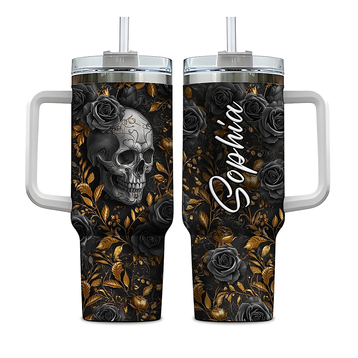 Hyturtle Personalized Gothic Skull Tumbler - Sunflower Gifts For Skeleton Lovers - Horror Lover Gifts - Gift For Women On Halloween - Spooky Tumbler - Custom Travel Coffee Cup 40oz With Lid And Straw