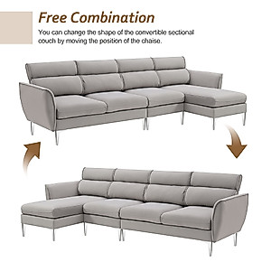 Bellemave L-Shape Sofa Convertible Sectional Sofa Couch with Chaise Left/Right Handed Chaise, High Backrest Sectional Sofa, Flannel Upholstered Couch for Living Room (Grey)
