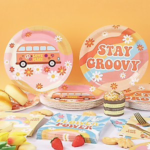 100 PCS Groovy Paper Plates Napkins Boho Groovy Party Supplies 9 inch Disposable 60s 70s Daisy Love Peace Rainbow Party Plates and Napkins for Birthday Baby Shower Party Supplies