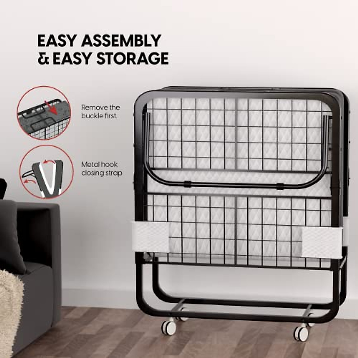 EconoHome Folding Bed with Mattress - 75x38 Twin Size Bed Frame - Portable Foldable Roll Away Adult Bed for Guest - 5-inch Thick, Memory Foam, Twin - Space Saving Fold Up Bed for Easy Storage