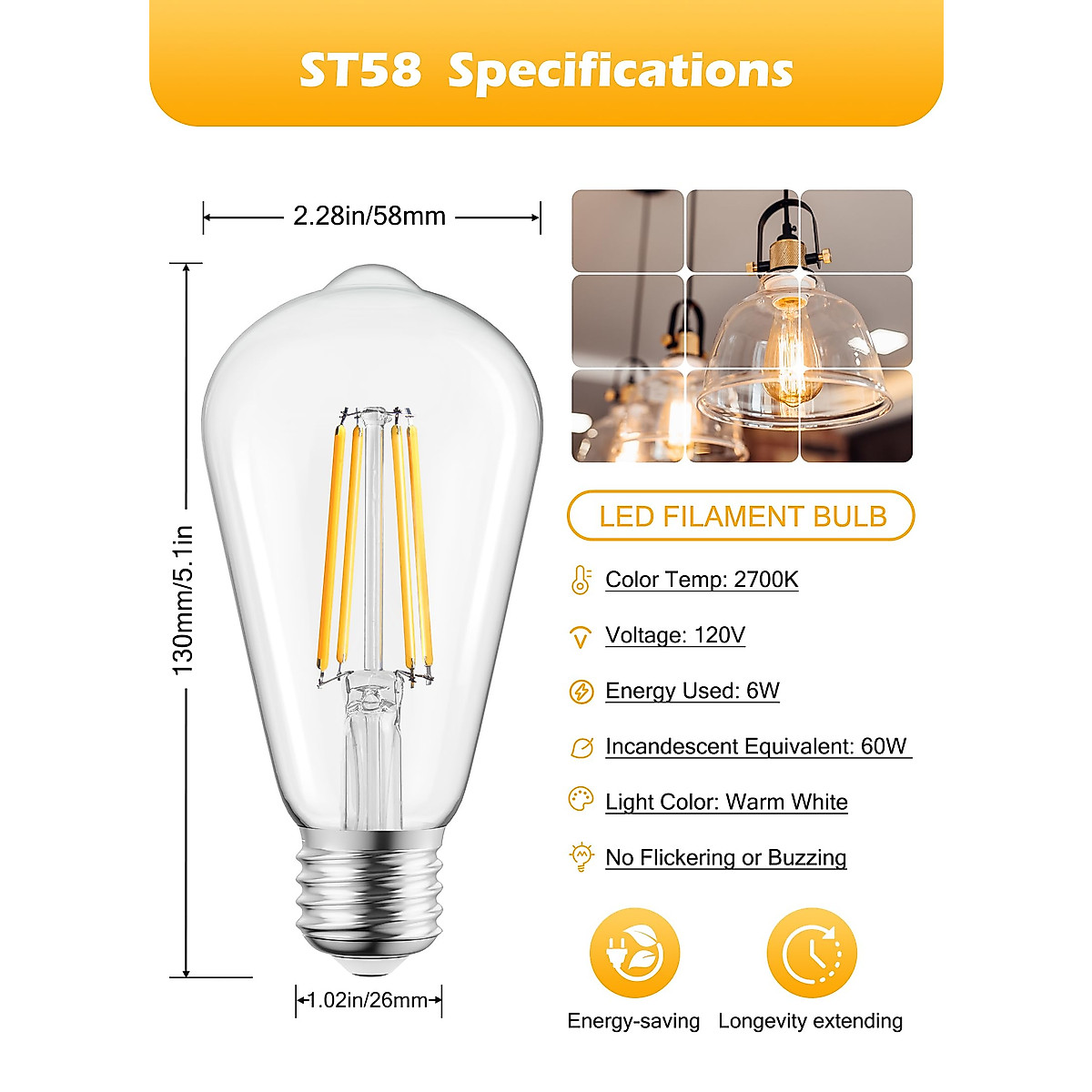 Brightown Vintage LED Edison Bulbs, 6W, Equivalent 60W, High Bright 2700K Warm White,750 Lumens, Non-Dimmable, E26 Medium Base ST58 Antique Filament Bulbs with 83+ CRI for Ceiling Fan Bathroom Porch