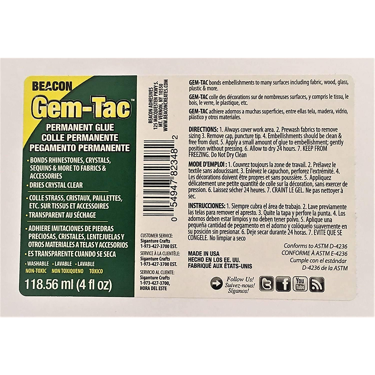 Beacon Gem-Tac Permanent Adhesive, 4-Ounce - 2 Pack