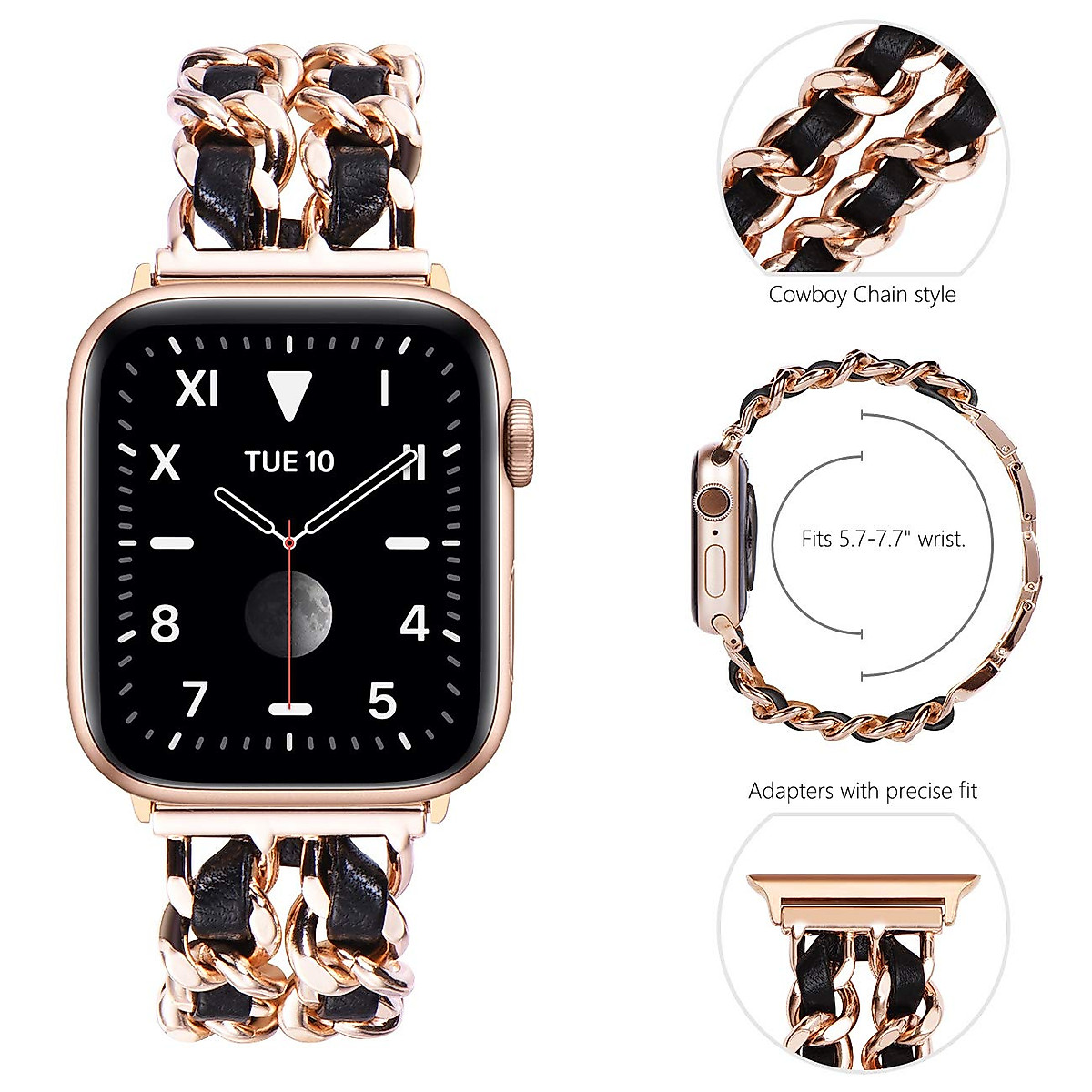 NewWays Compatible for Apple Watch Band Series 8 Series 7 41mm 40mm SE Series 6 5 4 3 38mm Jewelry Bracelet for iWatch Band Womens, Rose Gold Link with Black Leather