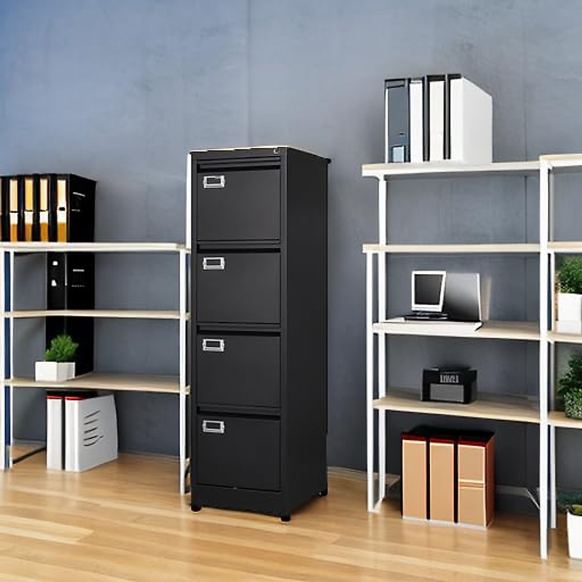 BYNSOE 4 Drawer File Cabinet with Lock Metal Vertical File Cabinet Office Home Vertical File Cabinet for A4 Legal/Letter Size Narrow File Cabinet Locked,Assembly Required (Black, 4 Drawers- Vertical)