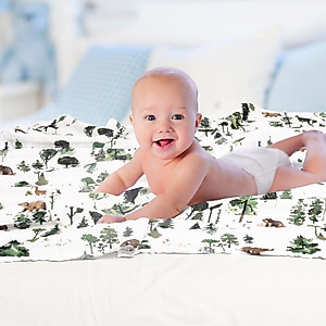 david's kids 4 Pack Baby Muslin Swaddle Blankets, 100% Cotton Swaddling Blankets Wrap for Boys Girls, Ultra Soft Breathable Receiving Blanket, New Born Essentials, Woodland Animals/Green