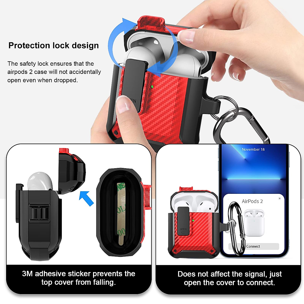 Lopnord Lock Compatible with Apple Airpods Case 2nd Generation, Rugged Case Cover for AirPods 1st with Keychain (Red)