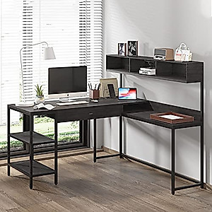HEAO L-Shaped Corner Desk with Multiple Shelves and Drawer Space-Saving Computer Home & Office Desk (Dark Grey)