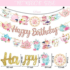 Tea Party Birthday Banner Rose Gold Tea Themed Happy Birthday Banners Floral Tea Birthday Party Decoration Teapot Cutout Banner for Afternoon Tea Baby Shower Supplies