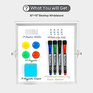 Vusign Dry Erase White Board, 10inX10in Magnetic Desktop Whiteboard with Stand, 10 Markers, 4 Magnets, 1 Eraser, Portable Double-Sided White Board Easel for Office, Home, School, Kids Drawing, Memo
