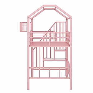 Unique Metal Twin Size House Loft Bed with Roof,Storage Stairs and a Storage Box,for Kids Girls Boys Teens Adults Bedroom Use (Pink@Stairs, Twin)