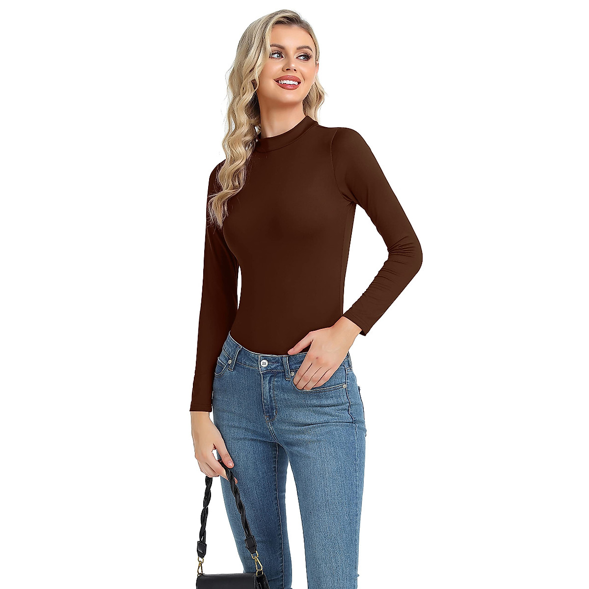 Women Thermal Shirt Fleece Lined Long Sleeve Soft Stretchy Mock Neck Tee Tops Coffee Small