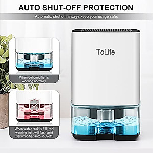 ToLife Dehumidifiers for Home 30 OZ Water Tank with Auto-Off, Portable Small Dehumidifier for Room,Bathroom,Bedroom,RV, Closet 500 sq.ft,7 Colors LED Light