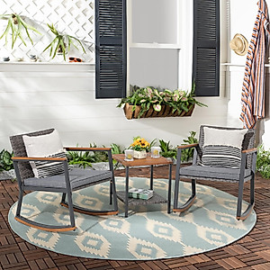 OC Orange-Casual 3 Piece Outdoor Rocking Bistro Set, Patio Wicker Furniture Conversation Set Chairs with Coffee Table and Cushion for Garden, Yard, Porch, Balcony,Grey