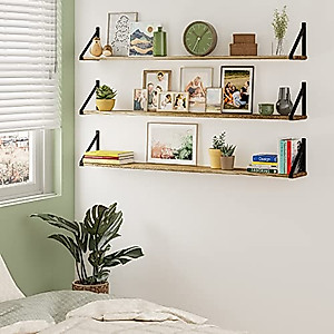 Wallniture Bora Long Floating Shelves, Wall Bookshelf Living Room Decor Book Shelves for Office, Kitchen Organization Bedroom Decor Burnt, 48"x6" Set of 3