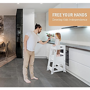 TOETOL Bamboo Toddler Step Stool White Kitchen Counter Learning Helper Standing Tower Ktchen Stool for Toddler 3 Height Adjustable with Chalkboard Message Boards, Small Step Stool, Non-Slip Mat