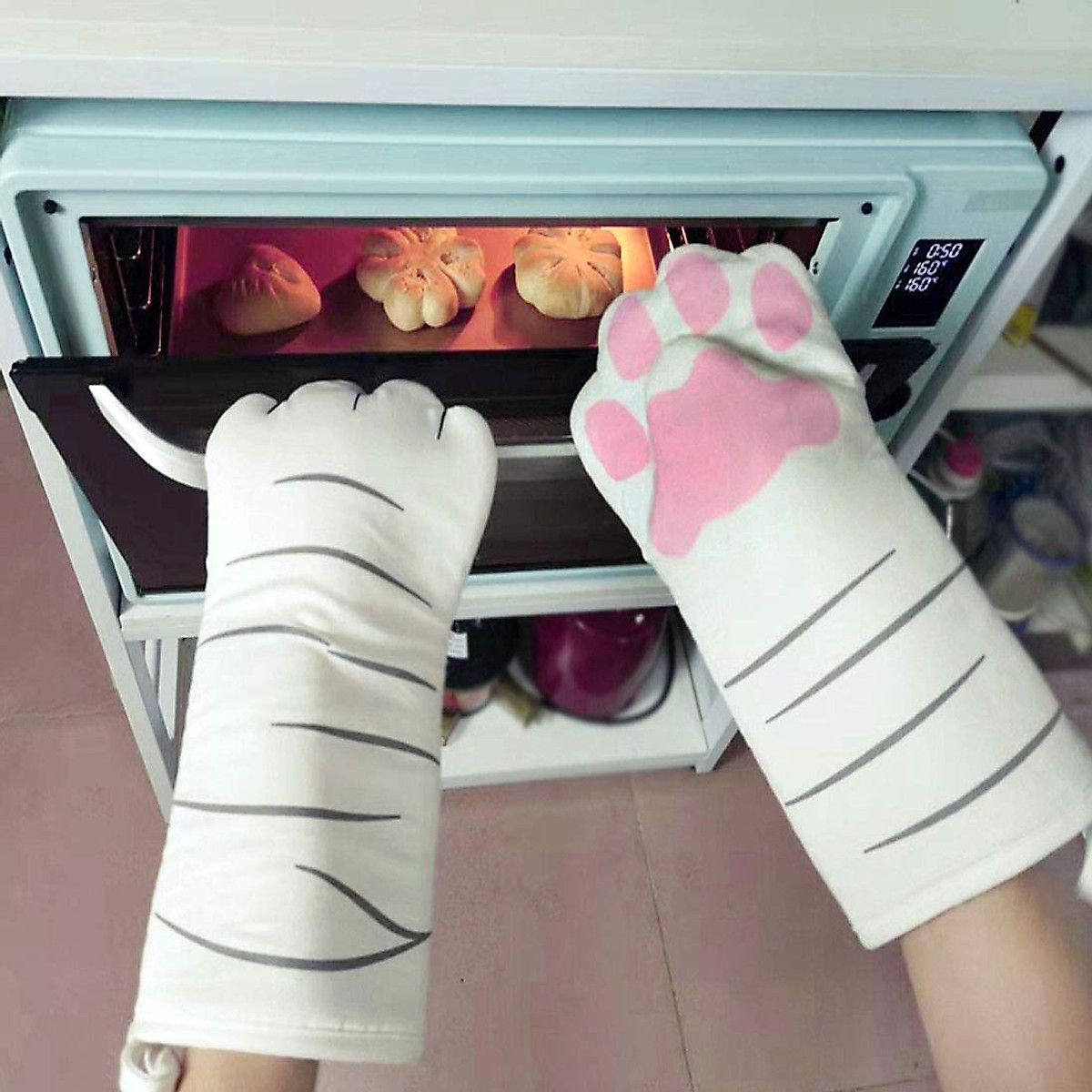 Rosavida Oven Mitts Gloves 1 Pair Heat Resistant 480 ℉ Cat's Claw Creative Kitchen Potholders Baking Gloves Comfortable Thickened Cotton Lining Anti-Scald Gloves