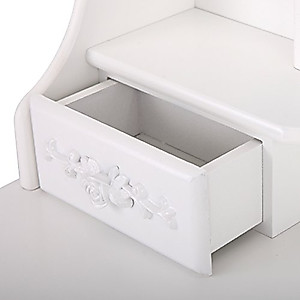 Vanity Table and Chair Set, Makeup Dressing Table with 360-degree-rotating Mirror and 4 Drawers, Thick Padded Stool, Vanity Table and Chair Set with Mirror and 4 Drawers for Girls Women Gift, White