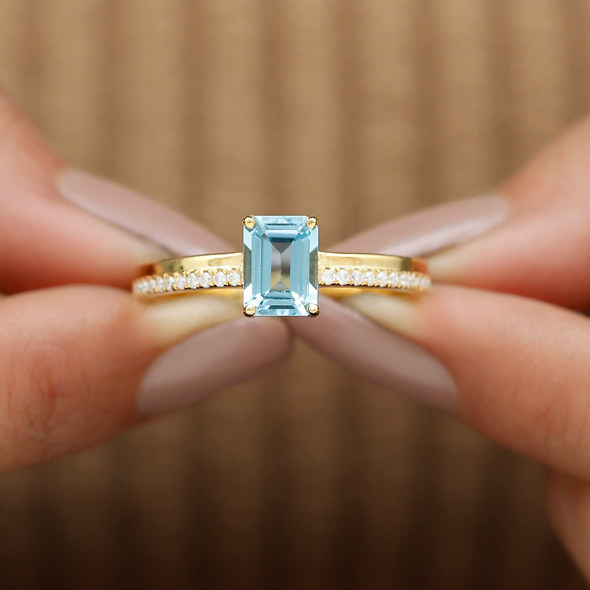Rosec Jewels Natural Sky Blue Topaz Solitaire Engagement Ring with Diamond | 2.25 CT | AAA Quality, 14K Yellow Gold, Size:US 11.00