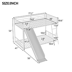 RUNWON Twin Over Twin Low Bunk Bed with Slide, Metal Floor Bedframe w/Easy Climp Ladders and Full Length Safety Guard Rails for Kids Bedroom