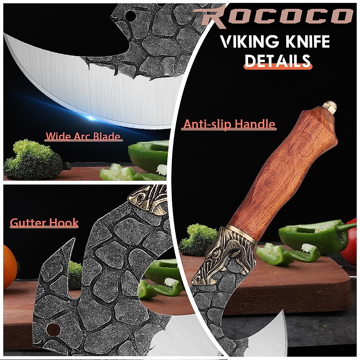 ROCOCO Viking Cleaver Knife Butcher Meat Cutting Boning Knife Hand Forged Chinese Kitchen Axe with Sheath Home Outdoor BBQ Camping Birthday Thanksgiving Christmas Gift Men