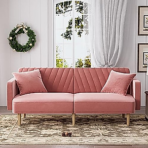 OUYESSIR Futon Sofa Bed, Convertible Sleeper Sofa with Wood Legs, 74.5“ Splitback Sofa with 2 Pillows, Velvet Futon Couch for Living Room (Rose Pink)