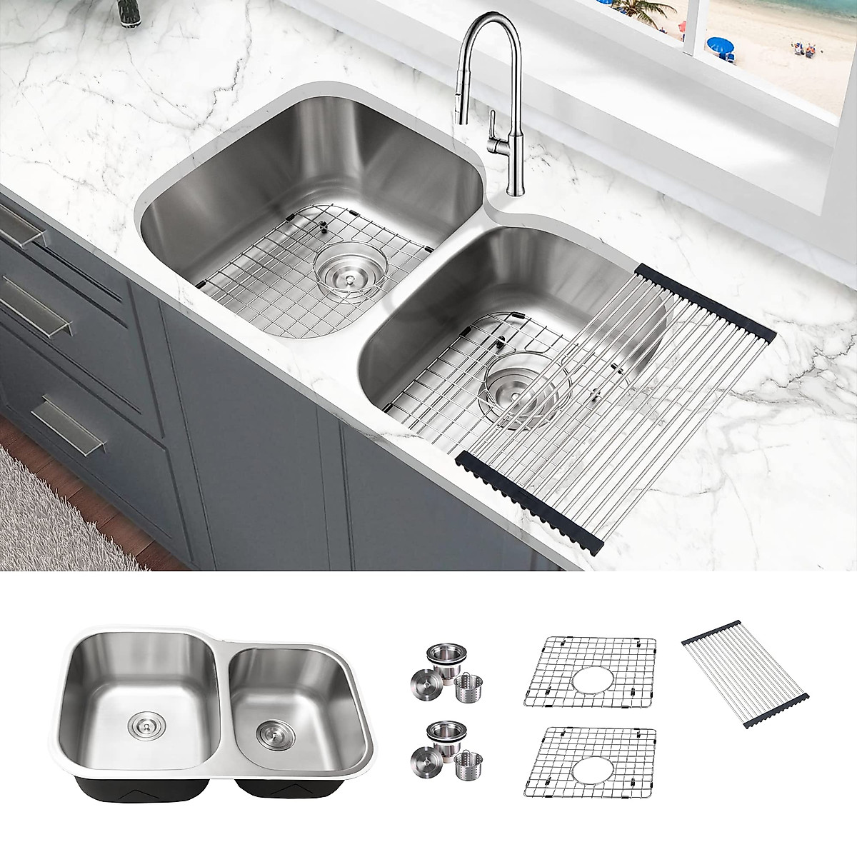 KABCO 32 Inch Big Double Unequal Bowl Stainless Steel Classic Kitchen Sink, Rust Resistant, Sound and Heat Proof 18 Gauge Undermount Sink with Sink Strainers, Sink Grids and rolling up grid