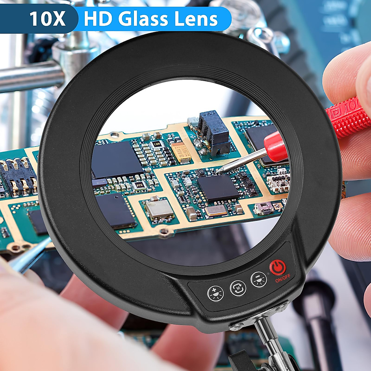 MagnieOpti 10X Magnifying Glass with Light and Clamp, 5 Color Modes Stepless Dimmable Real Glass Lighted Magnifier, Hands Free LED Magnifying Desk Lamp for Painting Craft Close Work Reading Repairing