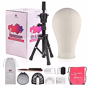 23 Inch Wig Head,Wig Stand Tripod with Head,Canvas Wig Head,Mannequin Head for Wigs,Manikin Canvas Head Block Set for Wigs Making Display with Wig caps,T Pins Set Bristle Brush