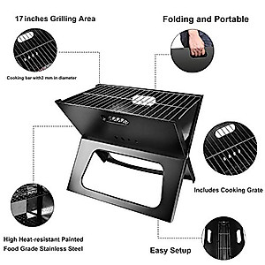 TeqHome Foldable Charcoal Grill, Portable BBQ Barbecue Grill Lightweight Simple Grill for Outdoor Cooking Camping Hiking Picnics Garden Travel