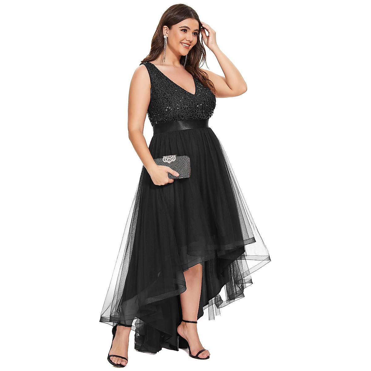 Ever-Pretty Womens Double V Neck A Line High Low Sequin Tulle Plus Size Formal Dresses for Curvy Women Black US20