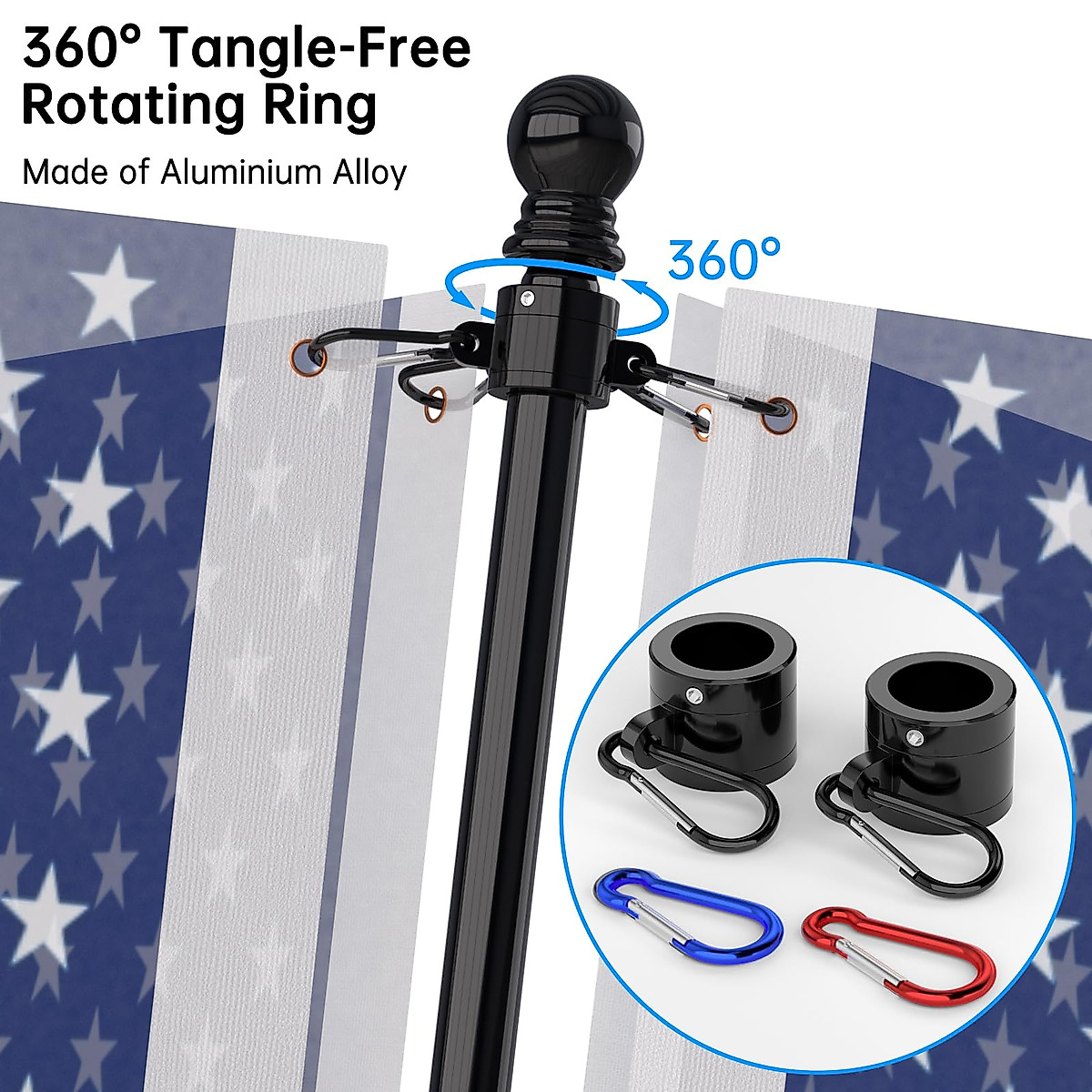 ZMTECH Flag Pole - Upgraded Bracket, 6 FT Stainless Steel Flag Poles for Outside House, Residential or Commerical, Tangle Free Flag Pole Kit for American Flag (Without Flag, Black)