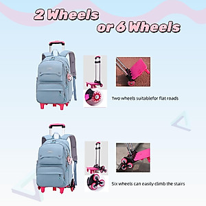 LANSHIYA Solid Color Girls Rolling Backpack with Wheels Schoolbag Elementary School Student Trolley Daypack Outdoor Travel bag