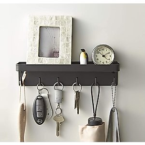 Key Holder Wall Mounted with 6 Hooks, Self Adhesive Metal Key Rack with Mail Organizer Tray, Key Hanger for Entryway Hallway Kitchen Farmhouse Decor