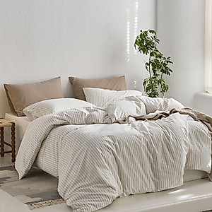MooMee Bedding Duvet Cover Set Striped 100% Washed Cotton Linen Like Textured Breathable Durable Soft Comfy (White Tannish Linen Grey Stripe, King)