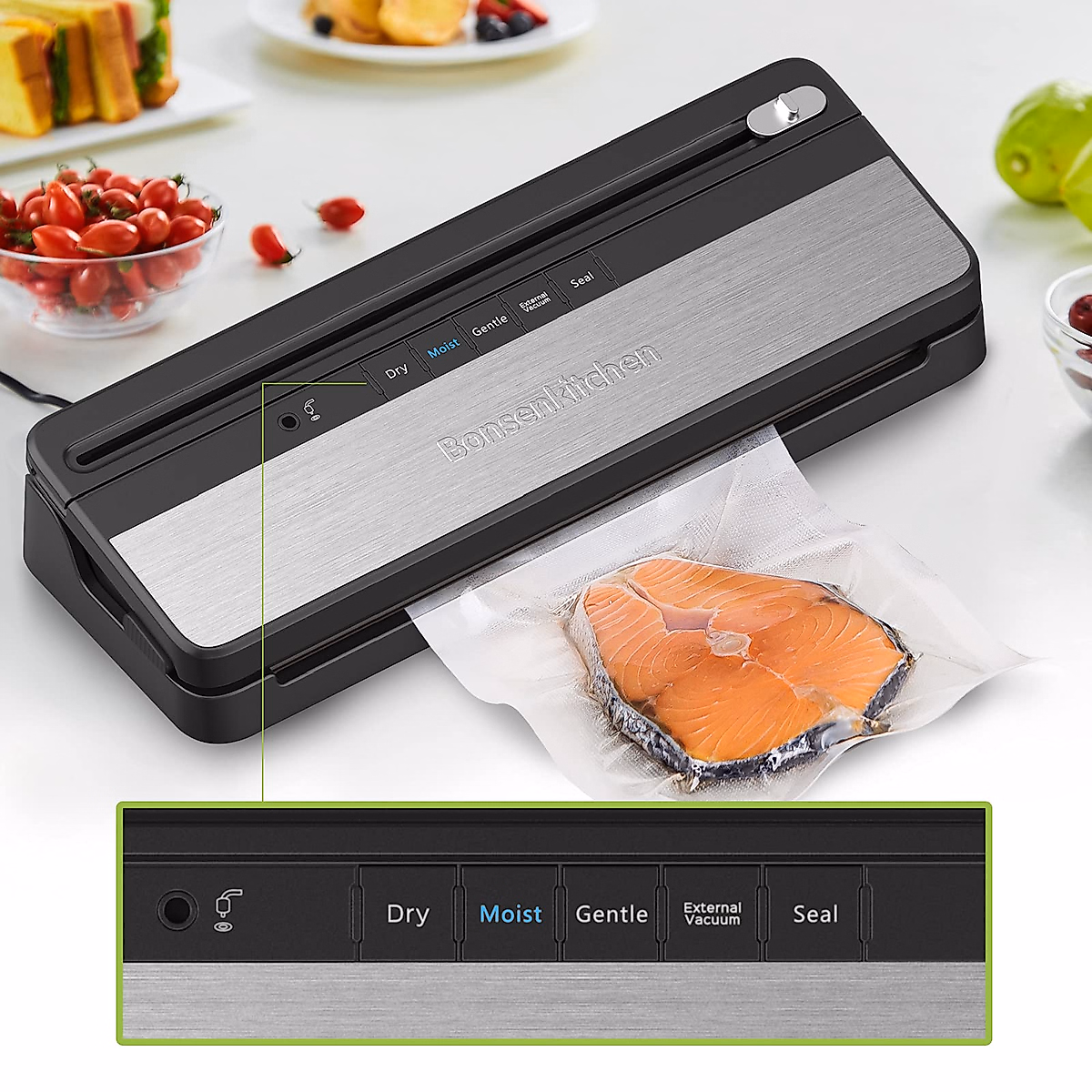 Bonsenkitchen Food Vacuum Sealer Machine, Built-in Cutter & Sealer Bags and Container Starter Kit, Dry&Moist Food Modes, Compact Design Air Sealing System Preservation For Food Storage